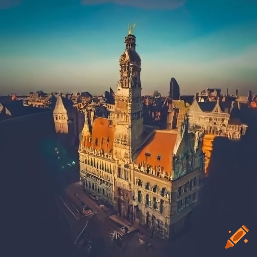 Aerial view of a grand town hall in a european city with speech bubbles ...