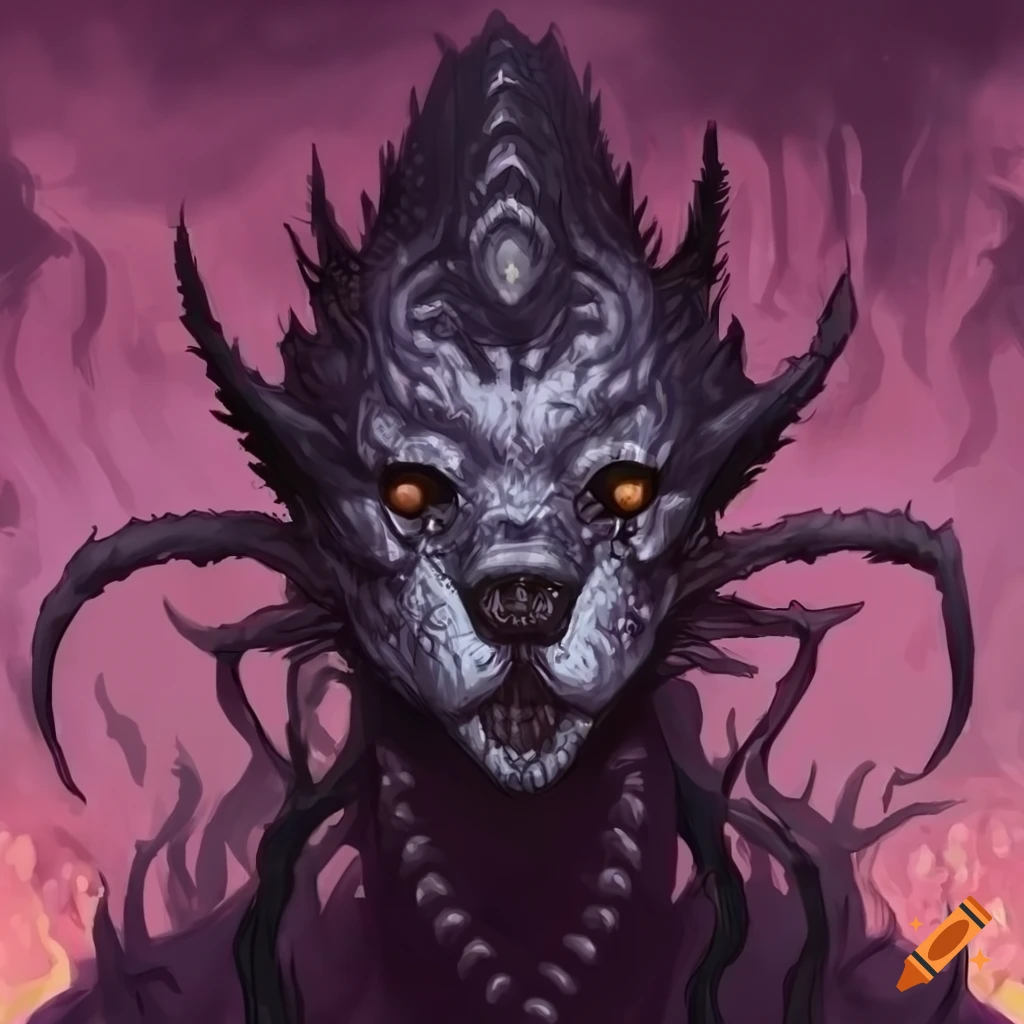 Eldritch god with inky substance, humanoid, wolf, and dragon heads on ...