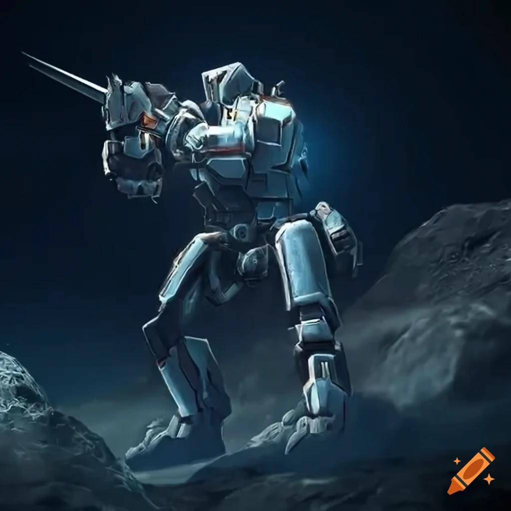 Realistic battle mecha with futuristic sword on space asteroid on Craiyon
