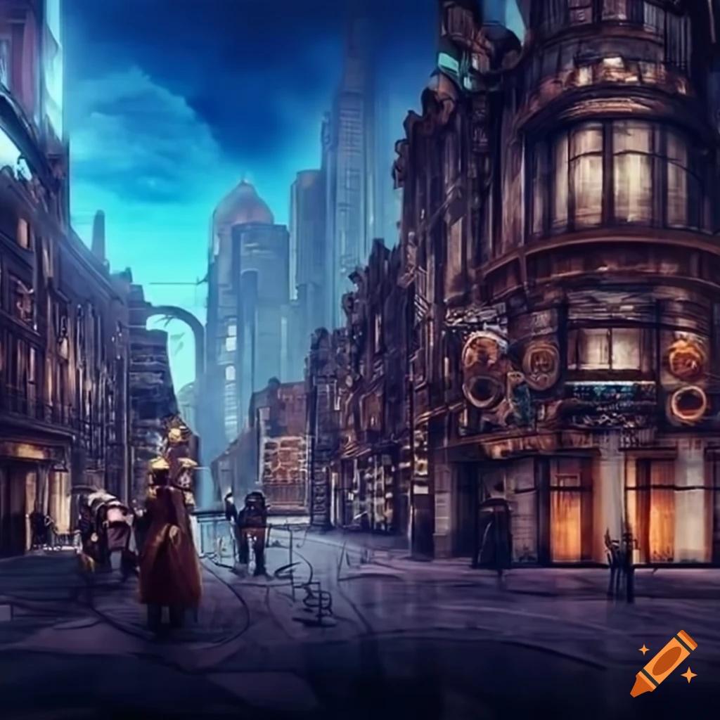 Modern futuristic steampunk street with vehicles and people on Craiyon