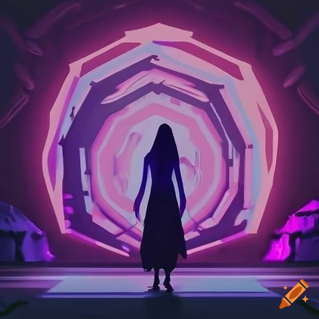 Dimensional portal with retrowave colors and shadowy figure on Craiyon