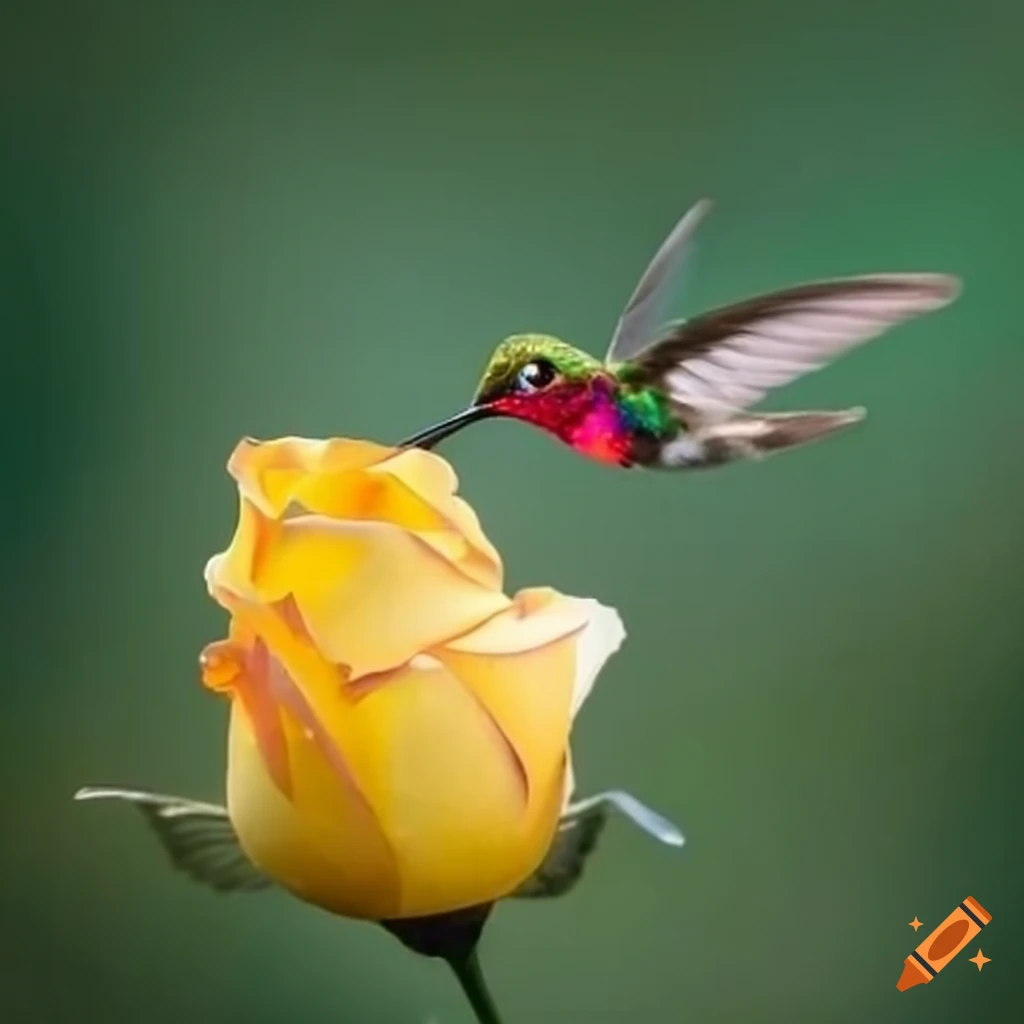 Yellow rose with a colorful hummingbird feeding on Craiyon