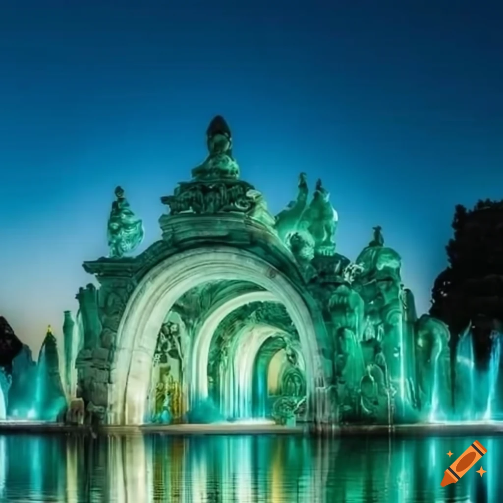 Beautifully built jade fountain in a city square with arches on Craiyon