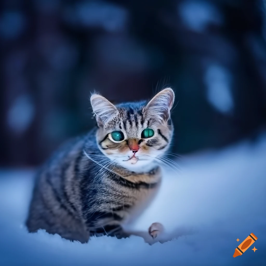 Funny cat in a winter forest with snowflakes on Craiyon