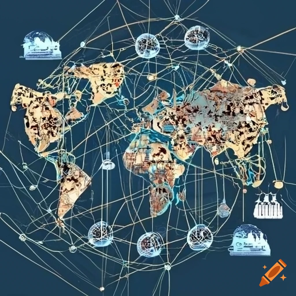World map with interconnected strings representing global connections ...