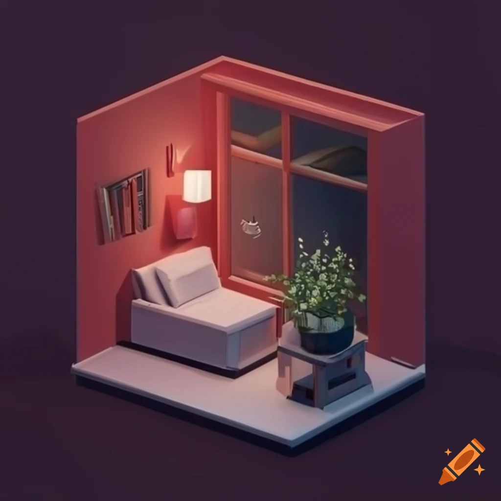 Isometric room with window seat, cabin decor, and floating shelves on ...