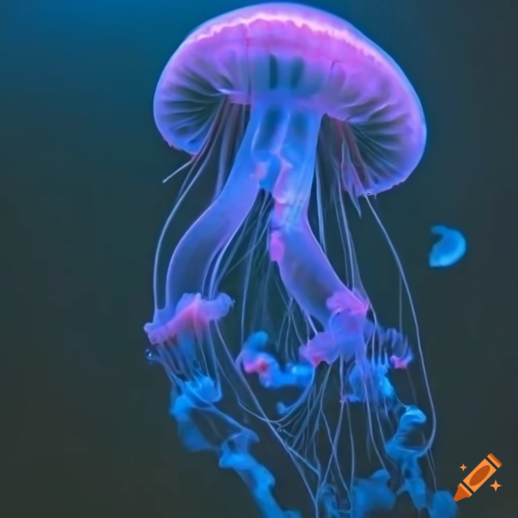 Hyperrealistic bioluminescent jellyfish swimming in the ocean depths on Craiyon