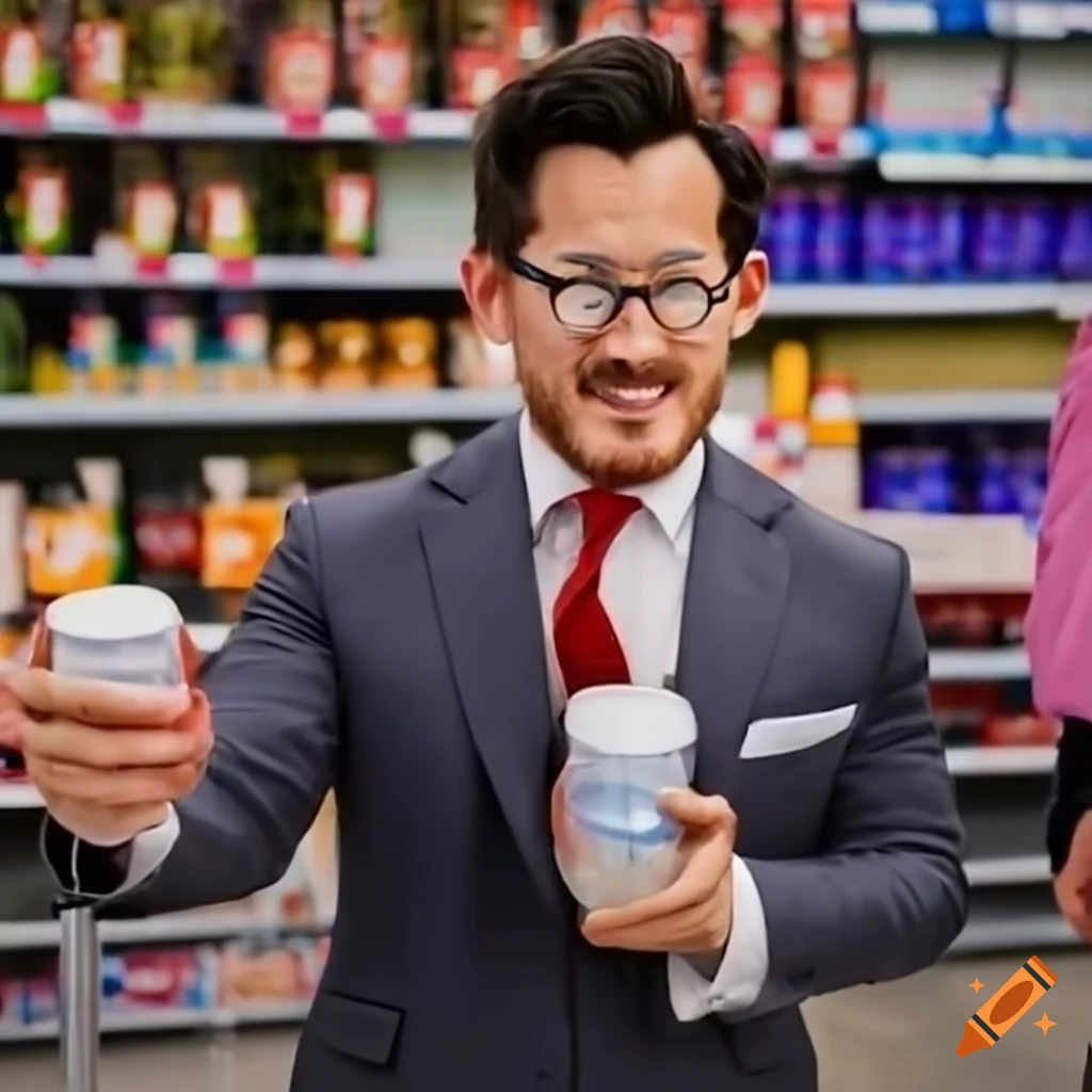 Markiplier in a suit at walmart with a drink on Craiyon