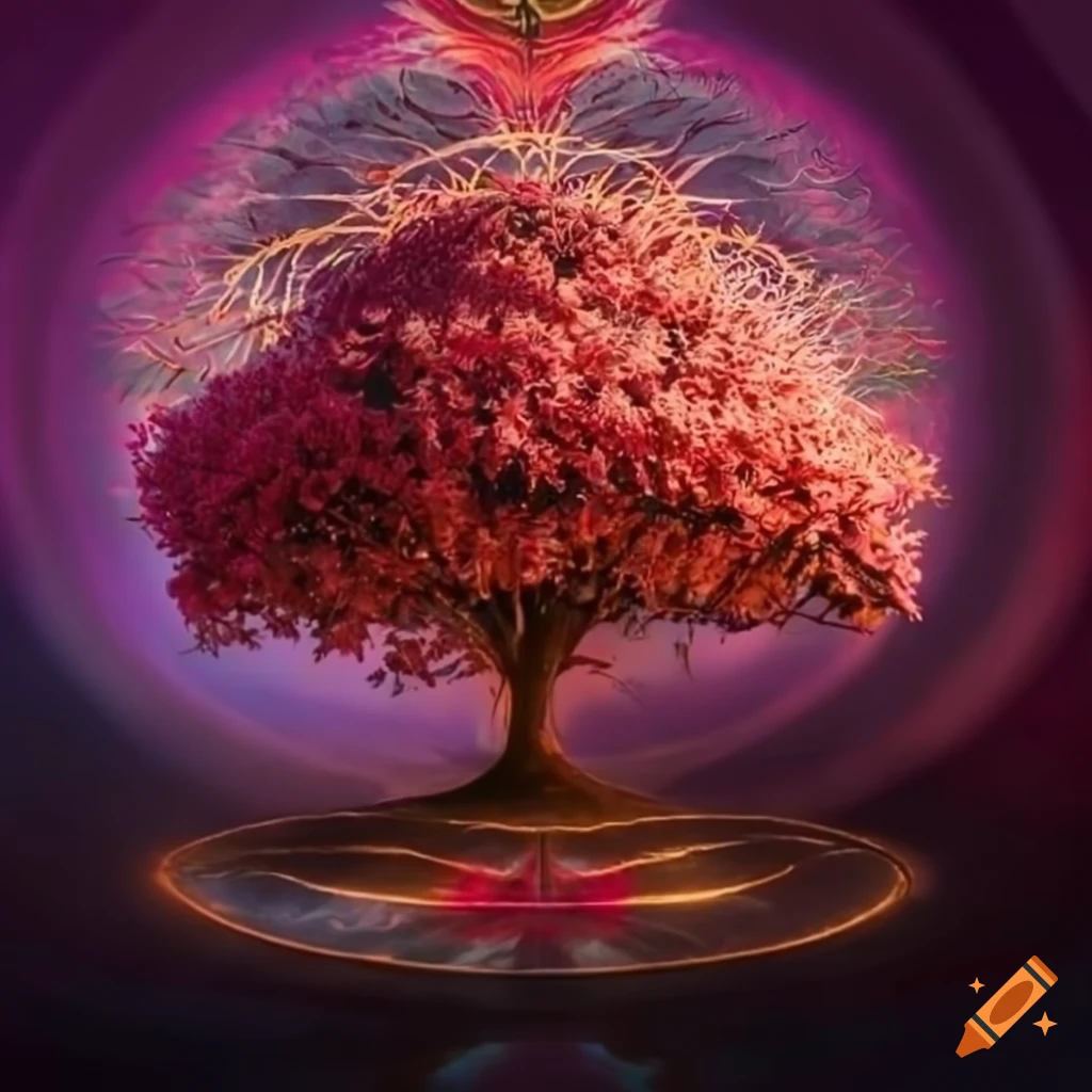 Flowering Rowan tree with biomechanical Ouroboros and large wings in ...