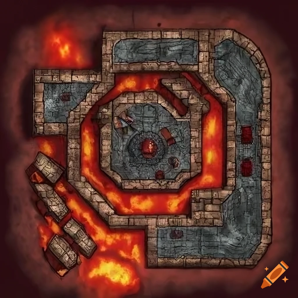 Dungeons and dragons battle map with square grids in a dungeon with flowing lava and a red ruby ...