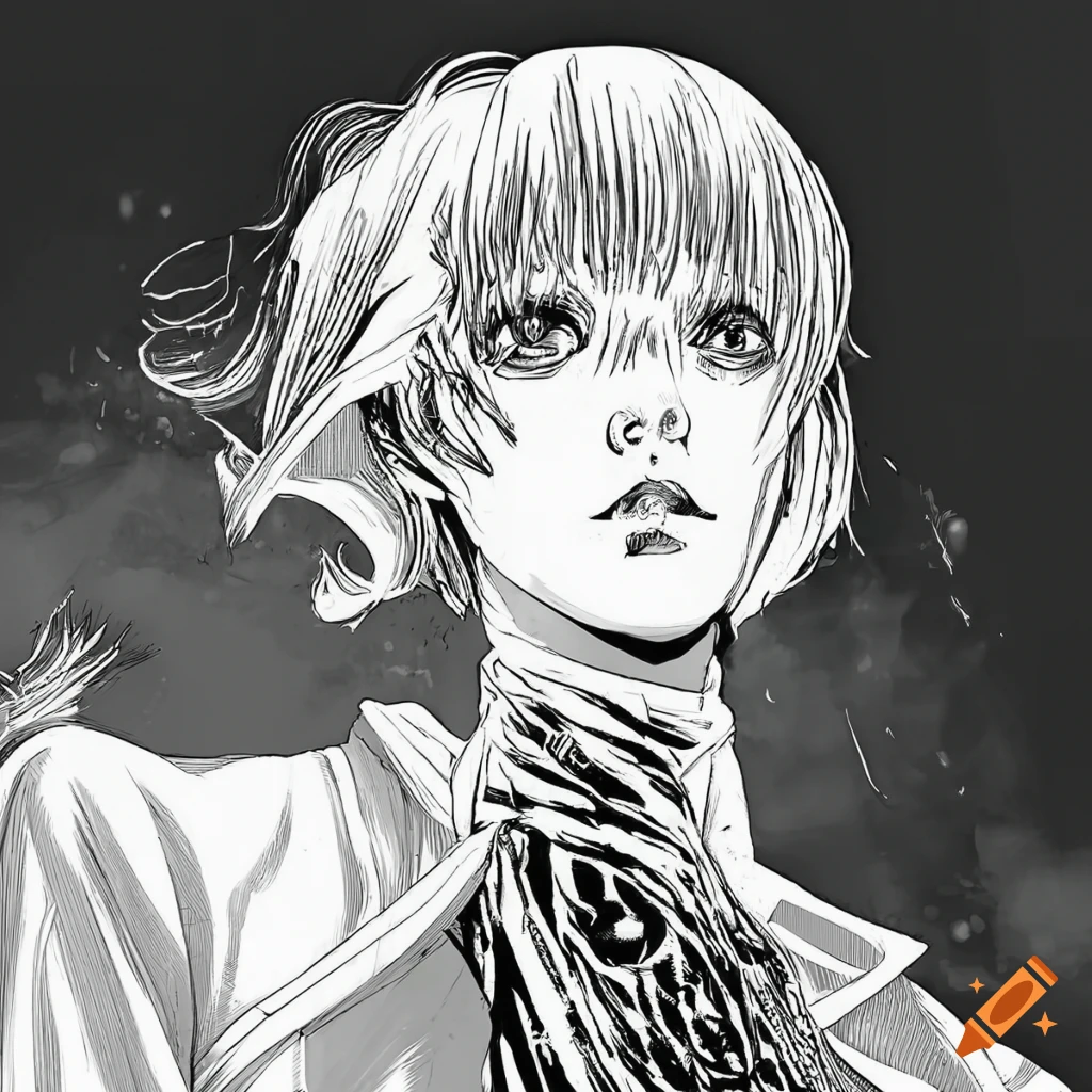 Highly detailed black and white manga panel with sharp outline on Craiyon