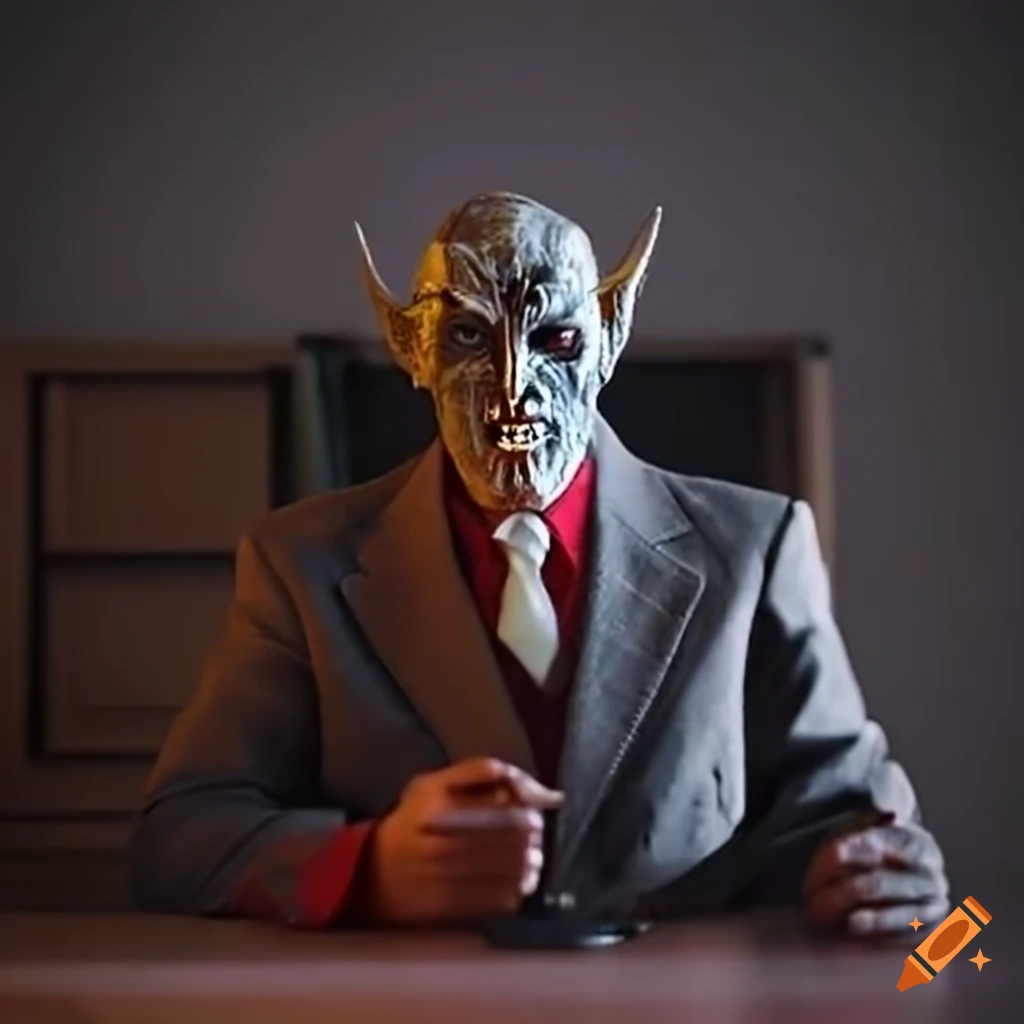 Businessman with a demonic appearance sitting at a desk on Craiyon