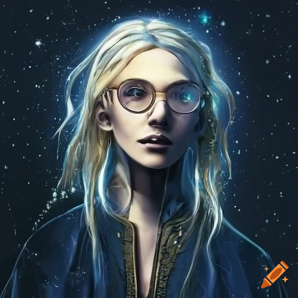 Cosmic god with blonde hair and glasses in black and gold robe on Craiyon