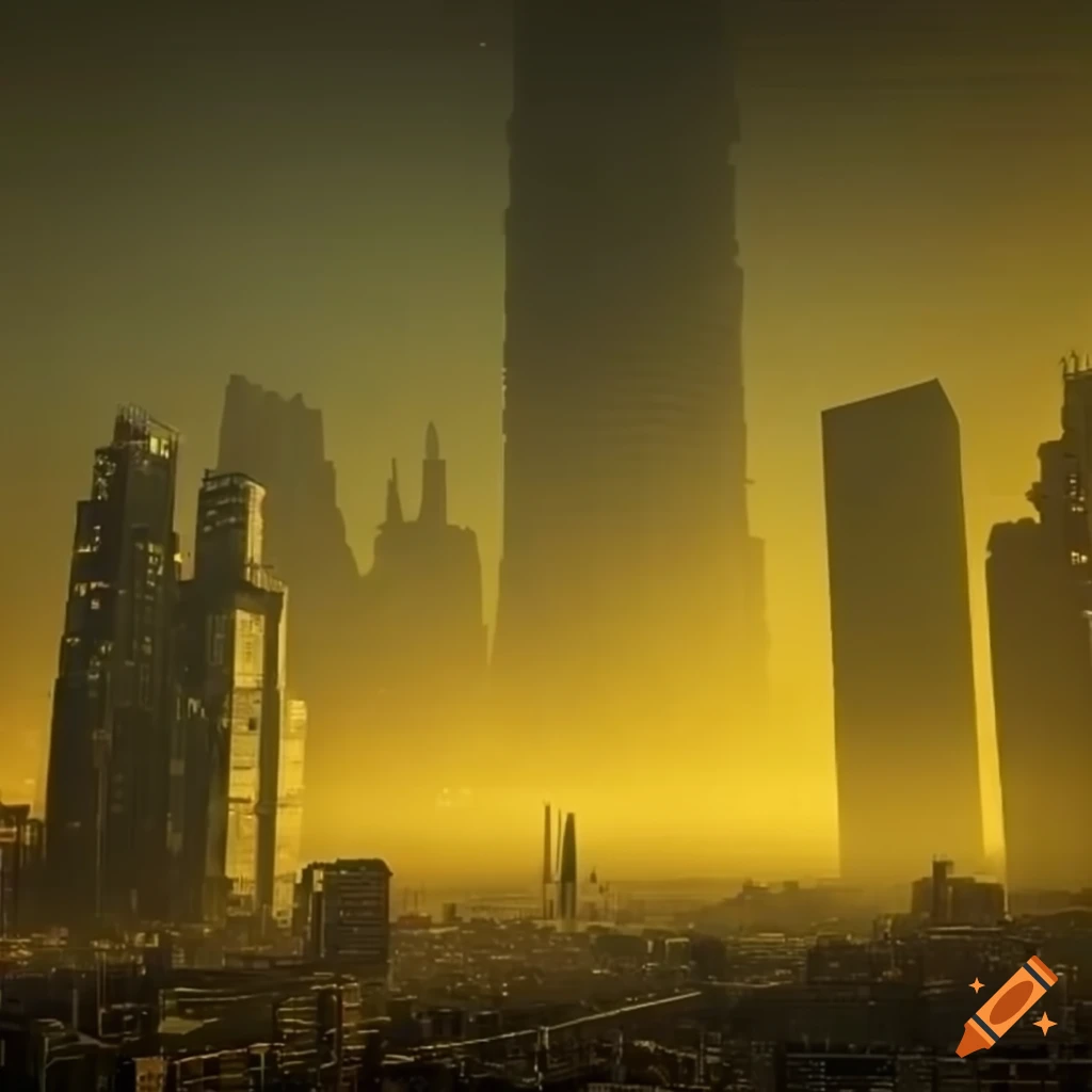 Dystopian city surrounded by thick yellow haze in a science fiction ...