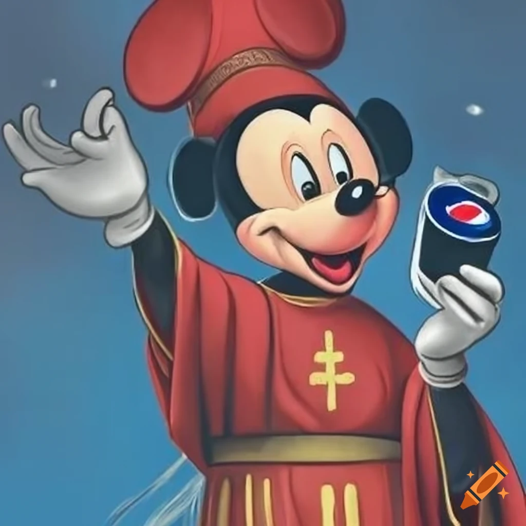 Mickey mouse depicted as a catholic saint with a pepsi theme on Craiyon
