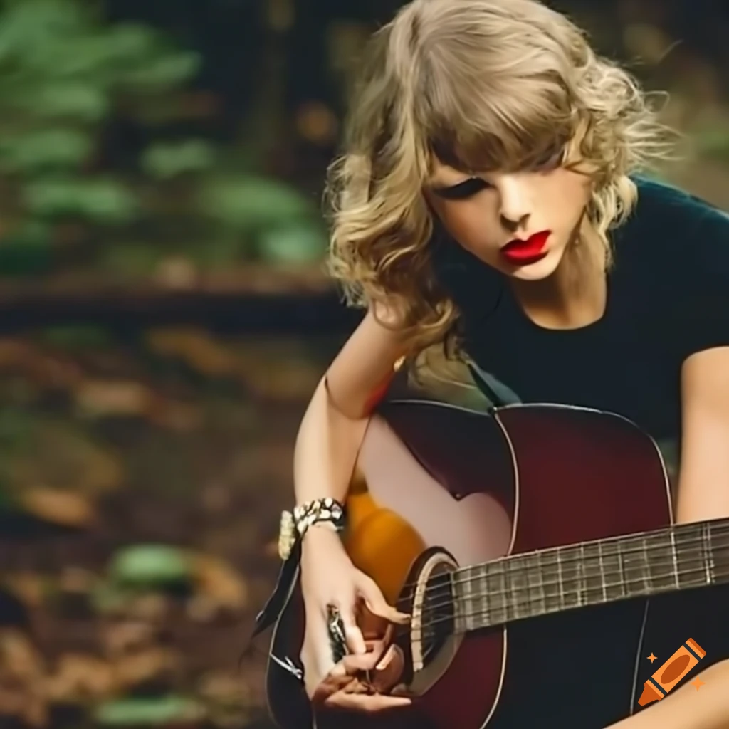 Taylor swift playing classic guitar in the woods on Craiyon
