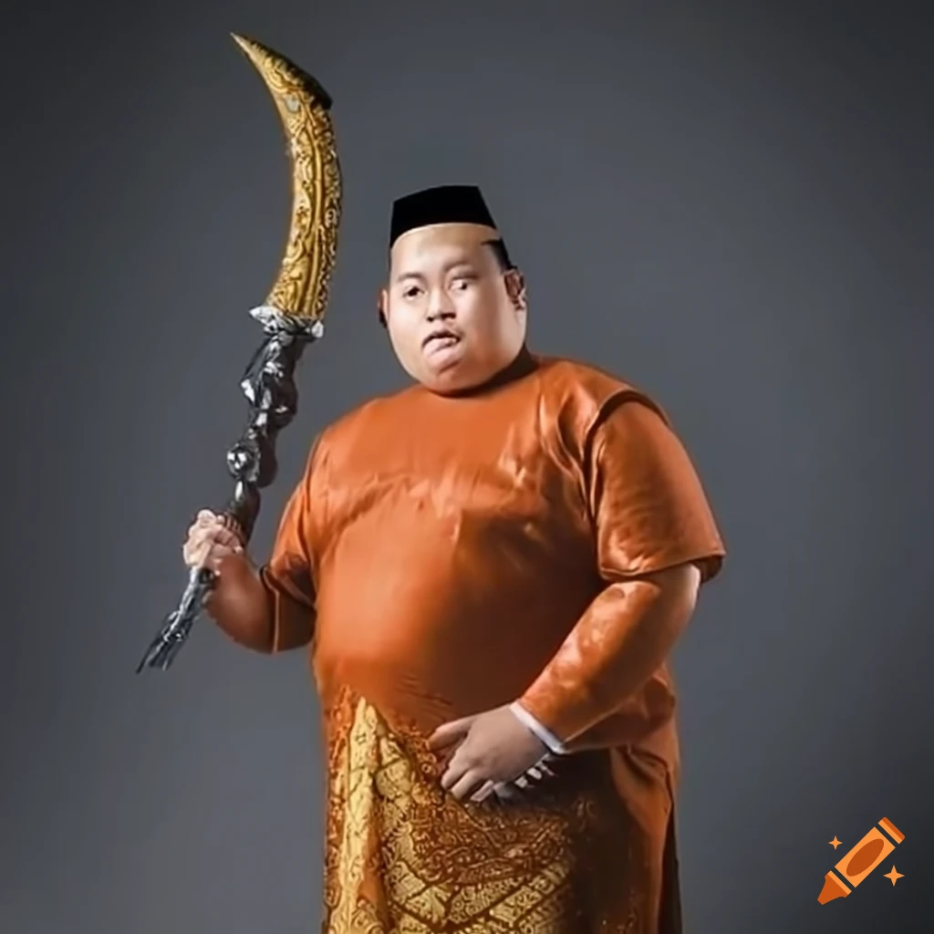 Man wearing traditional Malaysian attire and holding a keris on Craiyon