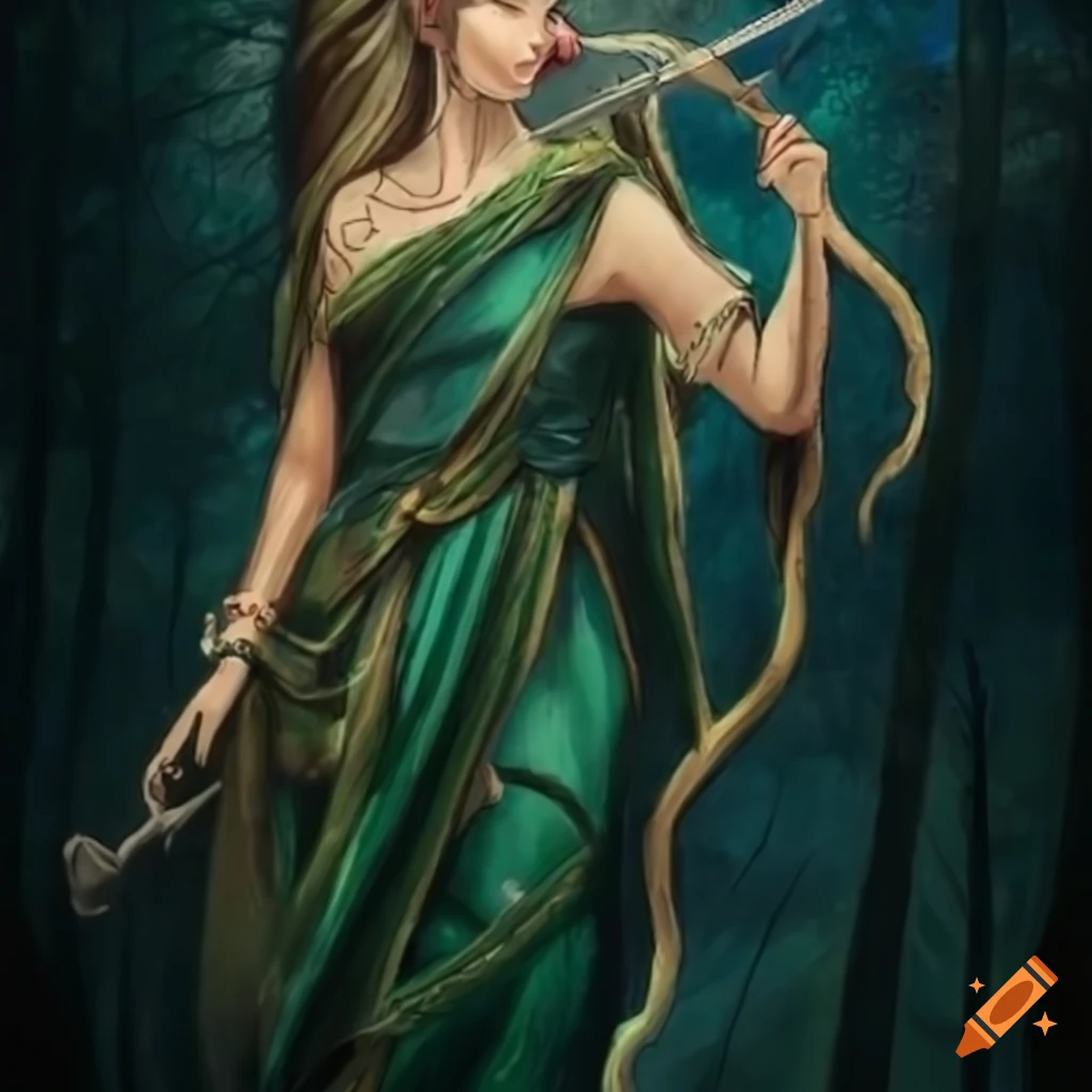 Artemis, goddess of the hunt with bow and arrow in a dark green hunting ...