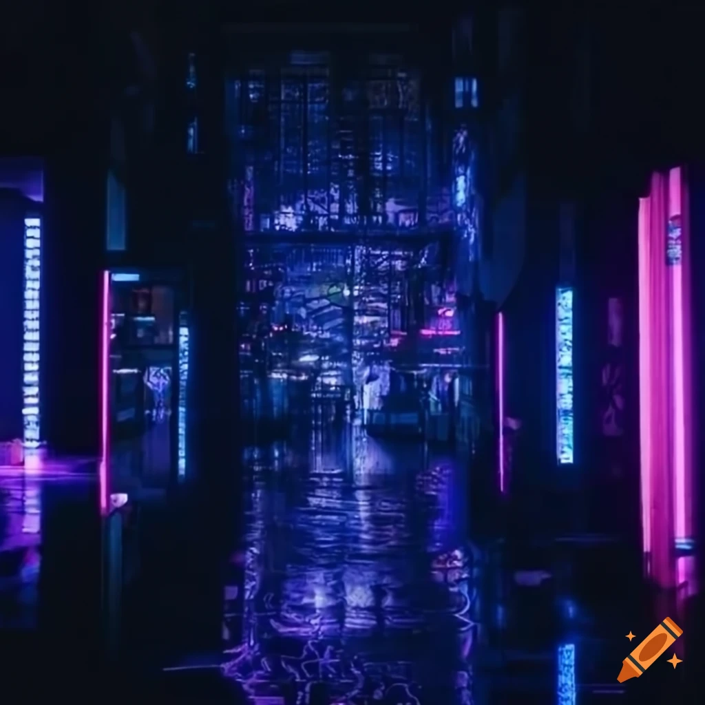 Neon-lit cyberpunk mall in a liminal space on Craiyon