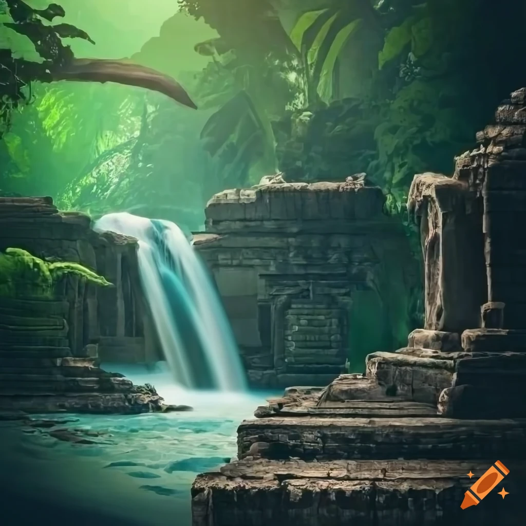 Stone temple ruins with mosaic tiles in a jungle near a waterfall on ...