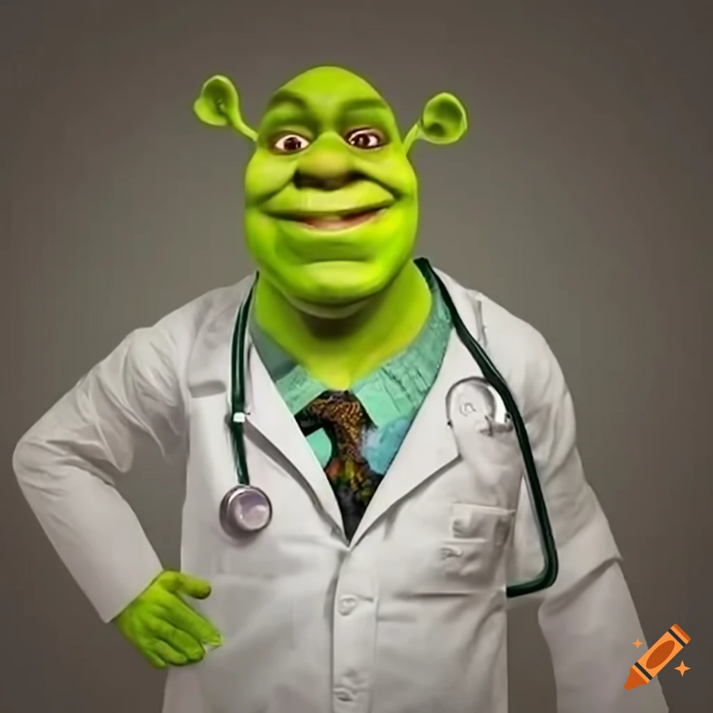 Shrek wearing a doctor's lab coat with instituto mexicano del seguro ...