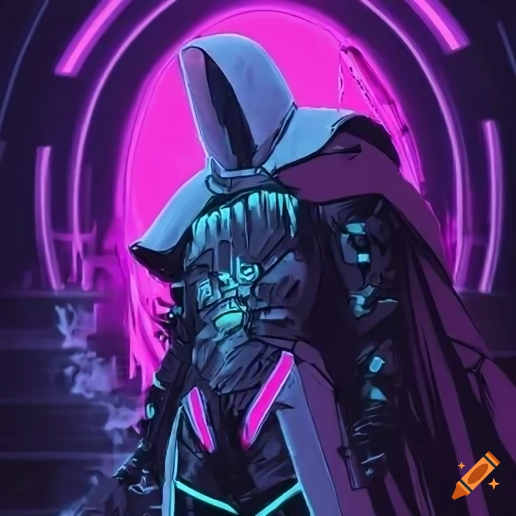 Neon-lit knight with 2-handed sword and flowing cloak in a retrowave ...