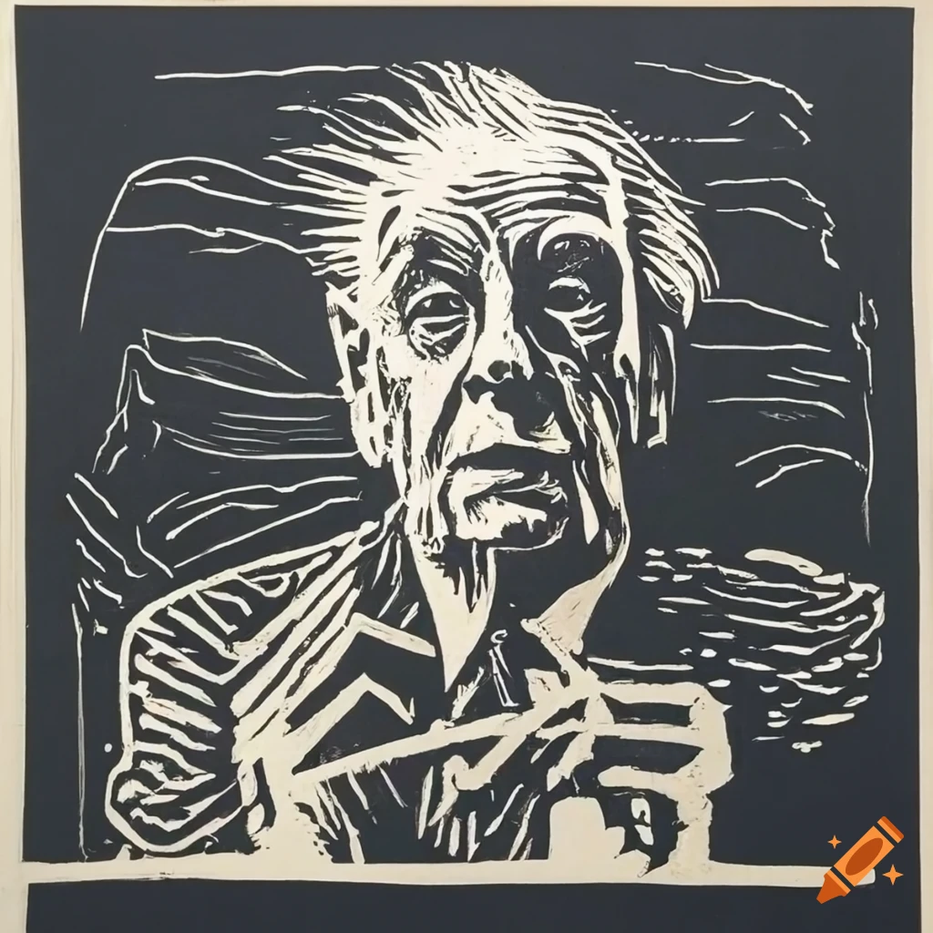 Jorge luis borges with a cane in black and white woodcut linocut on Craiyon