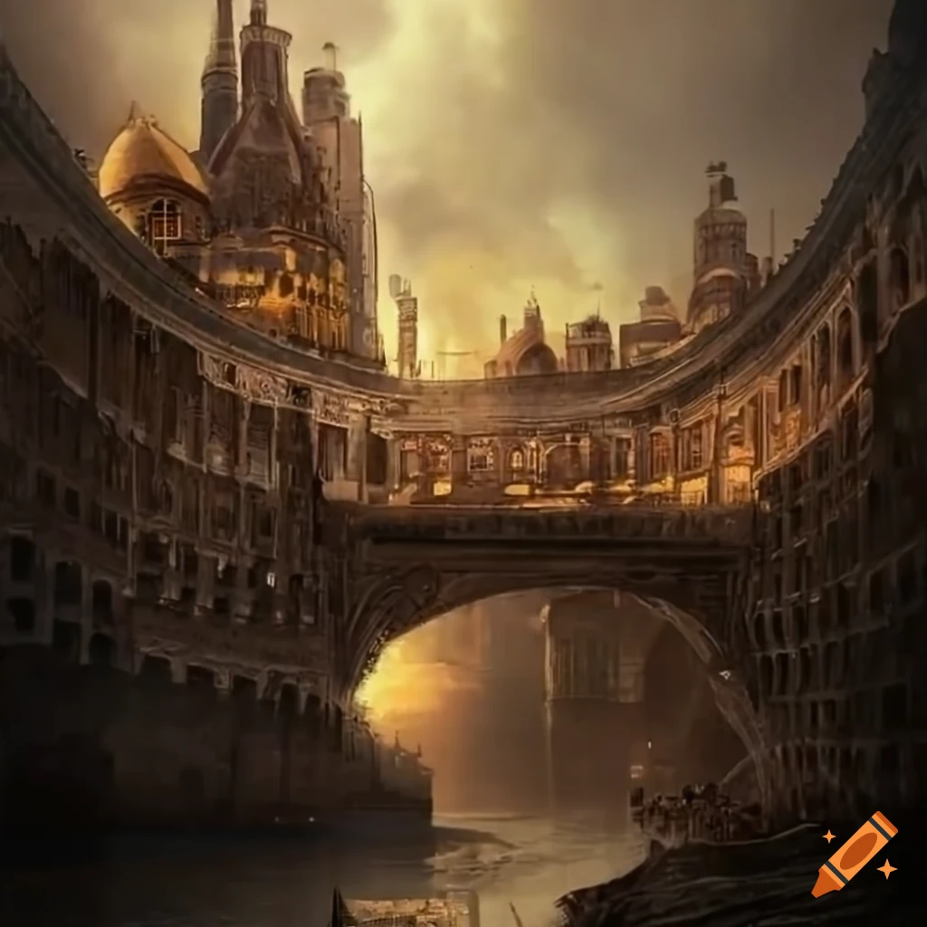 Massive steampunk city built on a bridge over water with a castle at ...