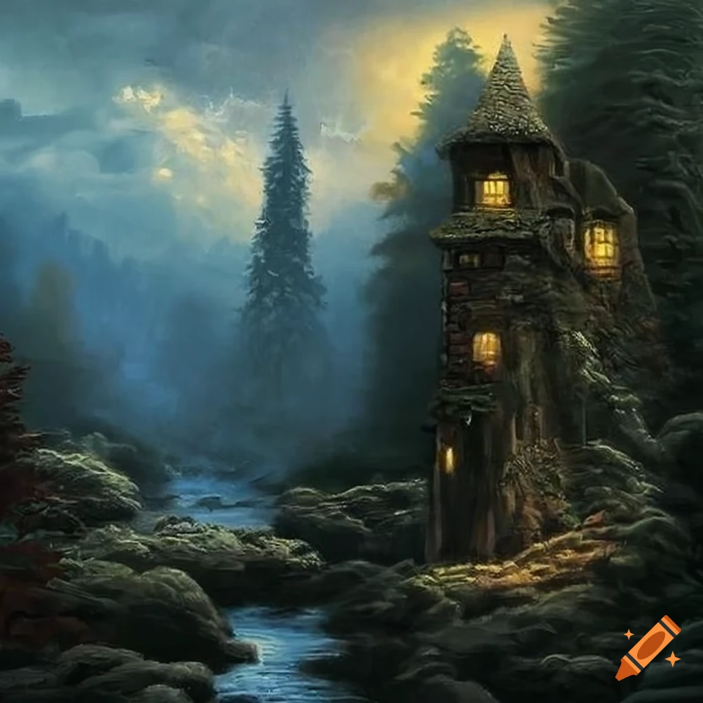 Sinister wizard's tower at the foot of a mountain range surrounded by ...