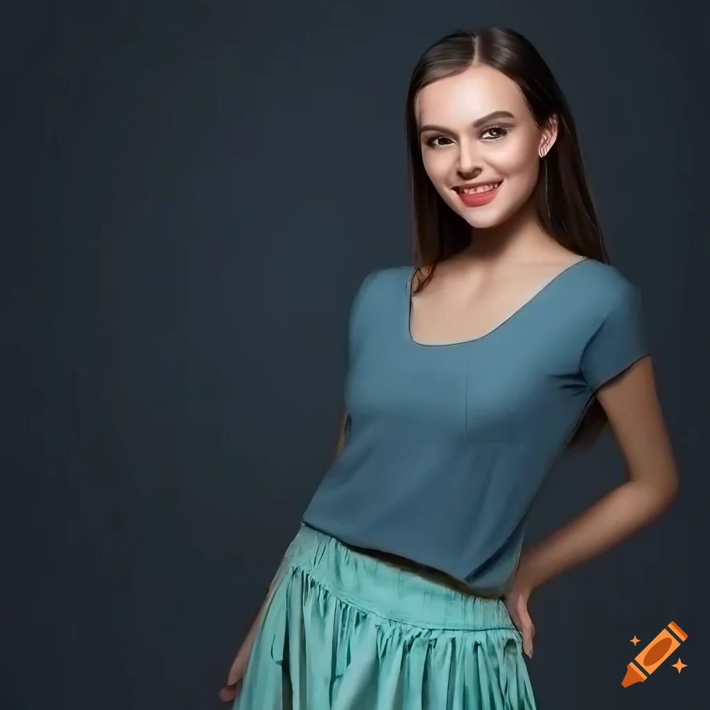 Studio quality photograph of a young woman with a stylish skirt and ...