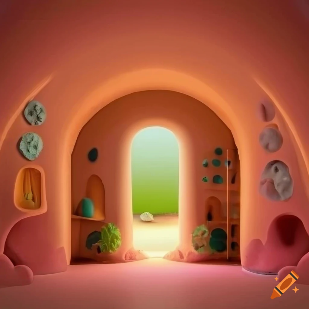 Colorful cave with spacious alcove and decorative clay objects on ...