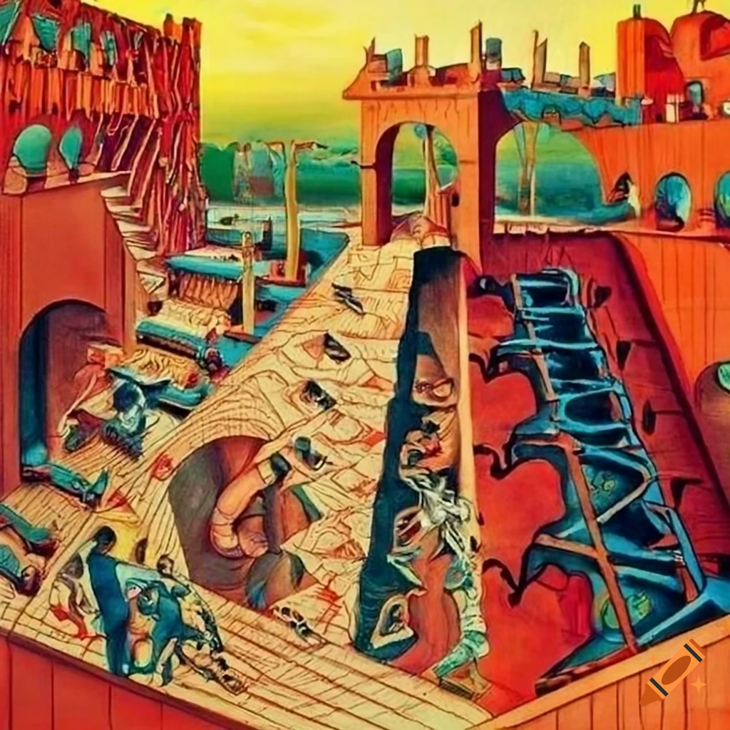 Colorful musicians in an m.c. escher-like landscape on Craiyon