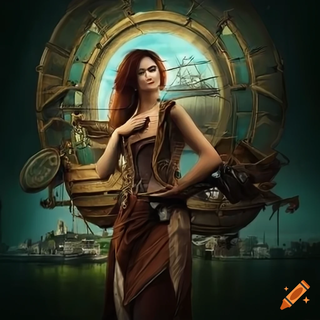 Female model piloting airship in a vibrant steampunk landscape on Craiyon