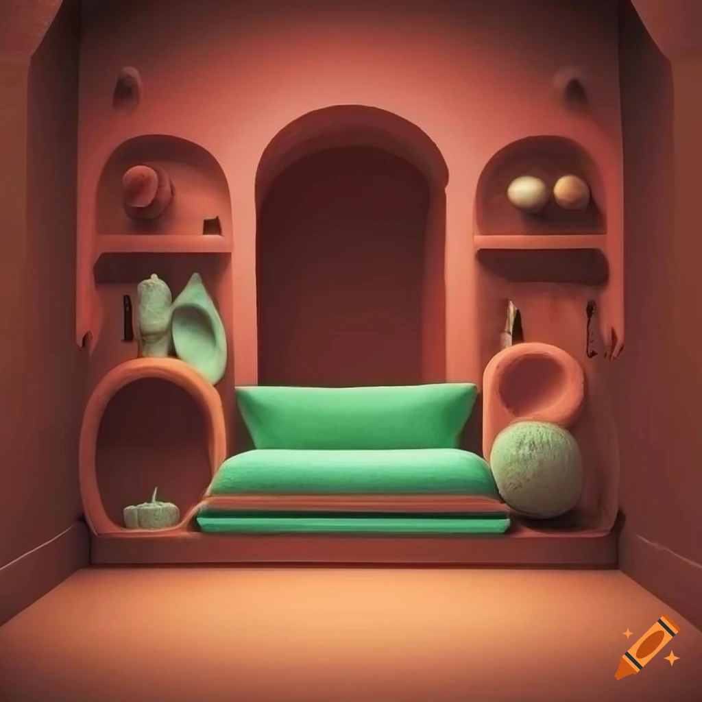 Colorful cave alcove with shelves lined with decorative clay objects on ...