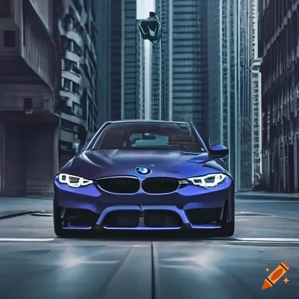 Dark blue bmw m4 in a city on Craiyon