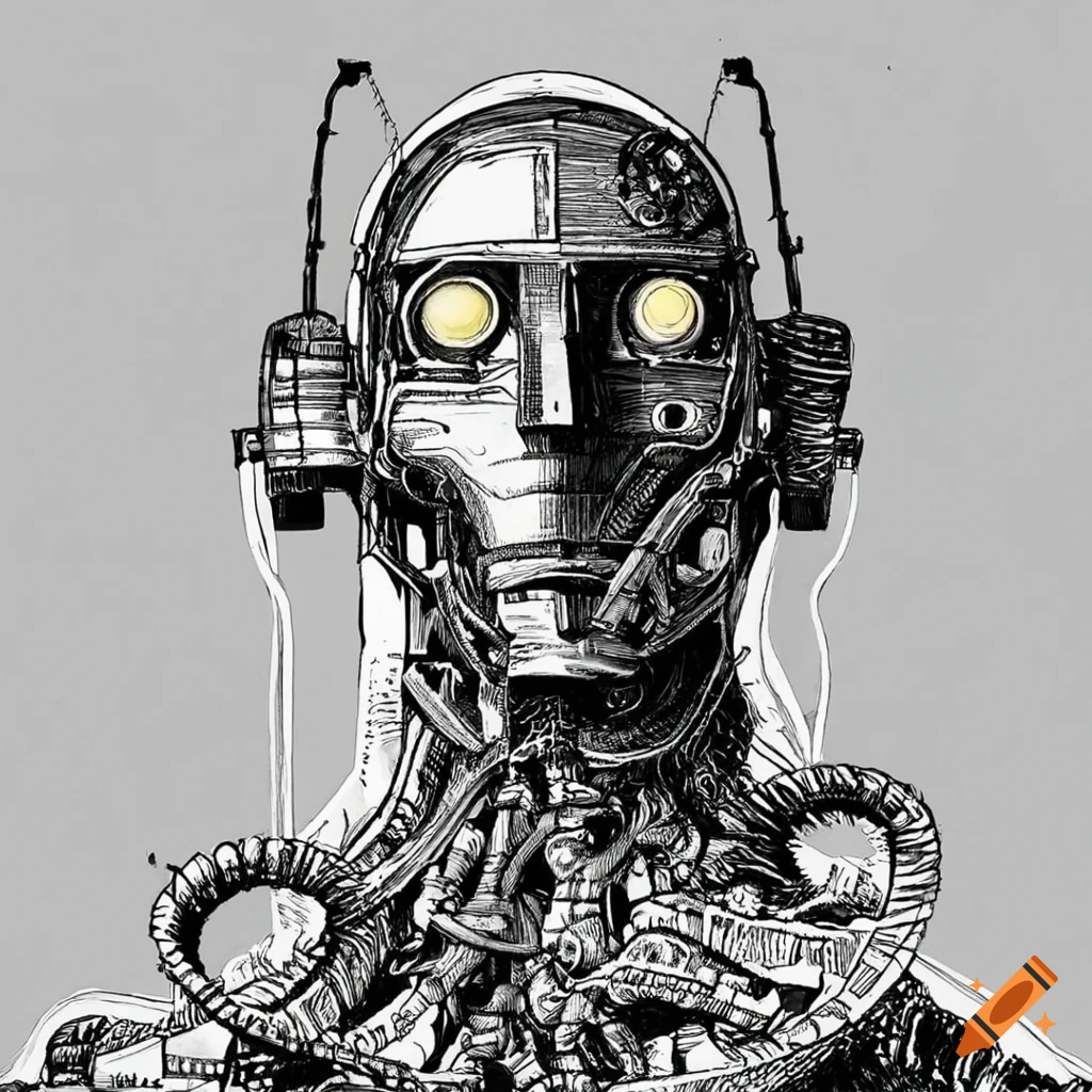Detailed pen ink drawings of a robotic man in black and white on Craiyon