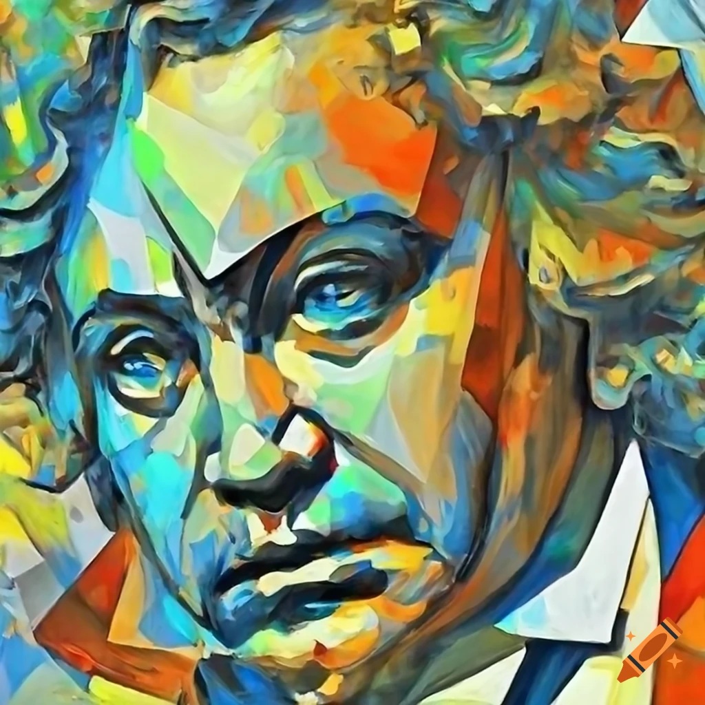 Colorful abstract painting with piano and beethoven in blue, orange ...