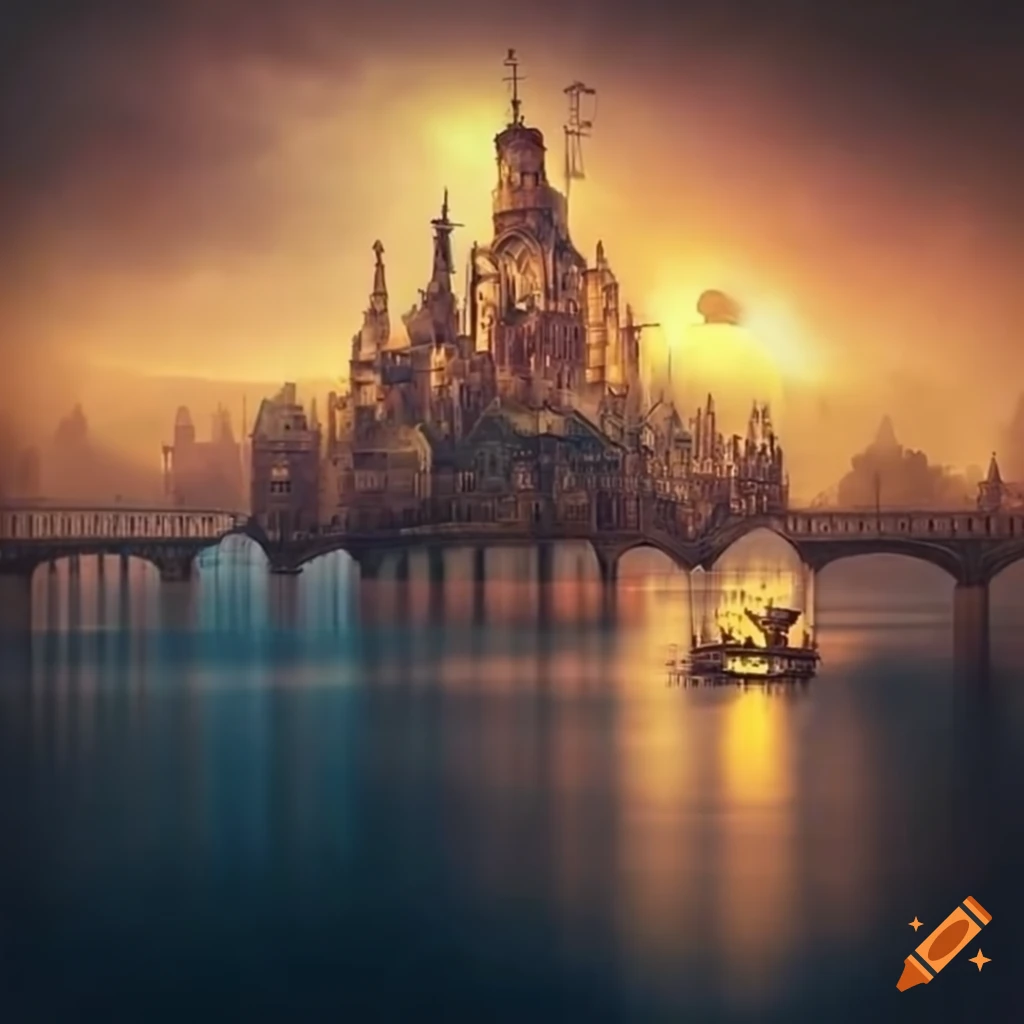 Layered steampunk city on a bridge over water with a castle at the ...