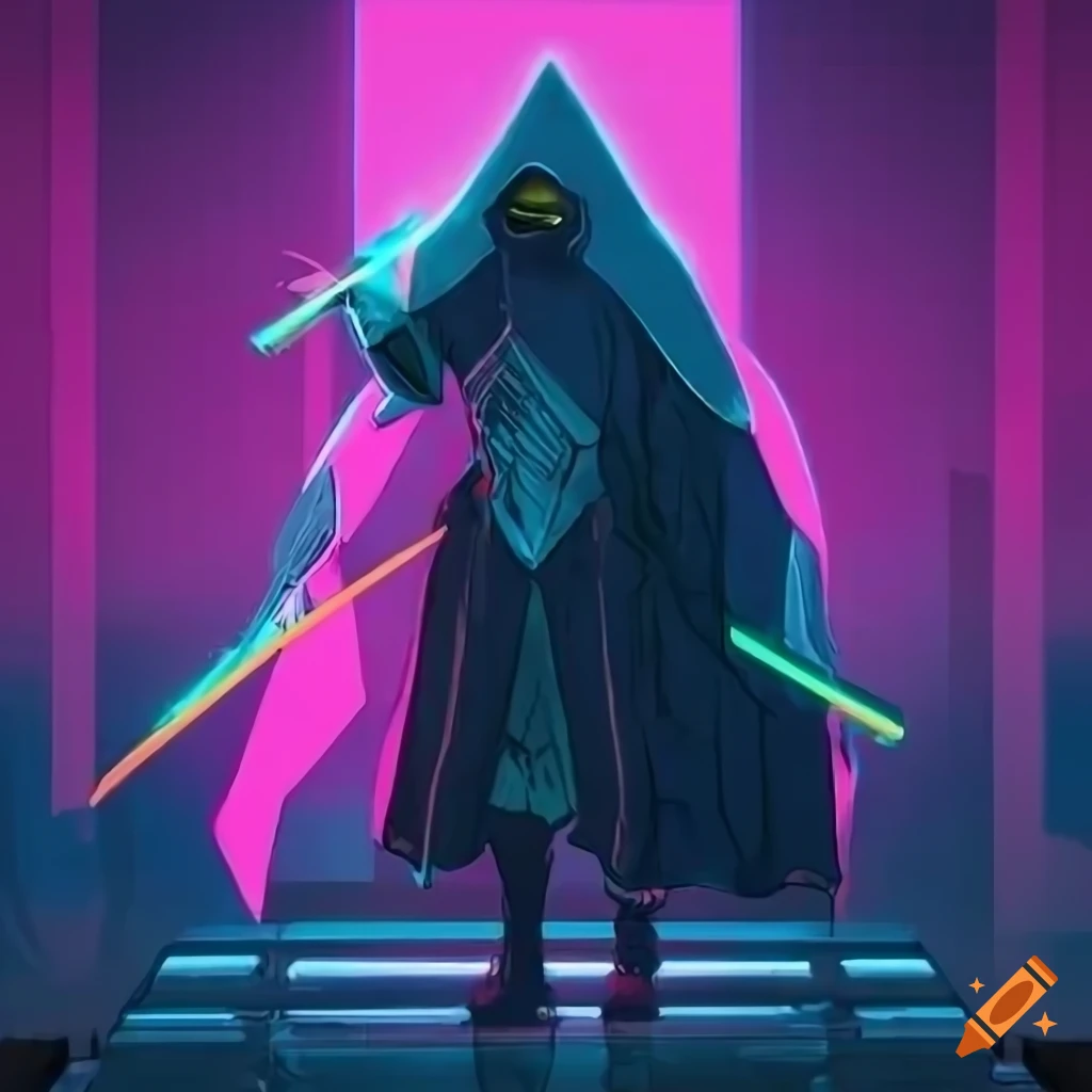 Neon-lit knight with 2-handed sword and flowing cloak in a retro ...