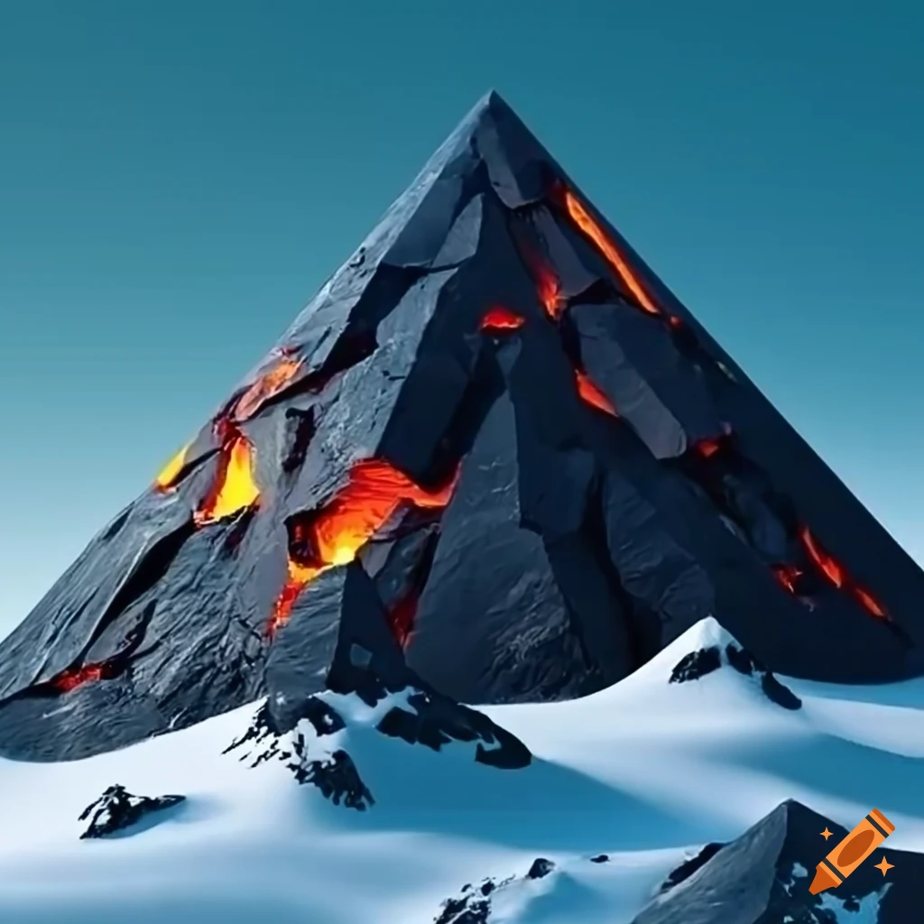 5-sided pyramid in a snowy mountain landscape with lava on Craiyon