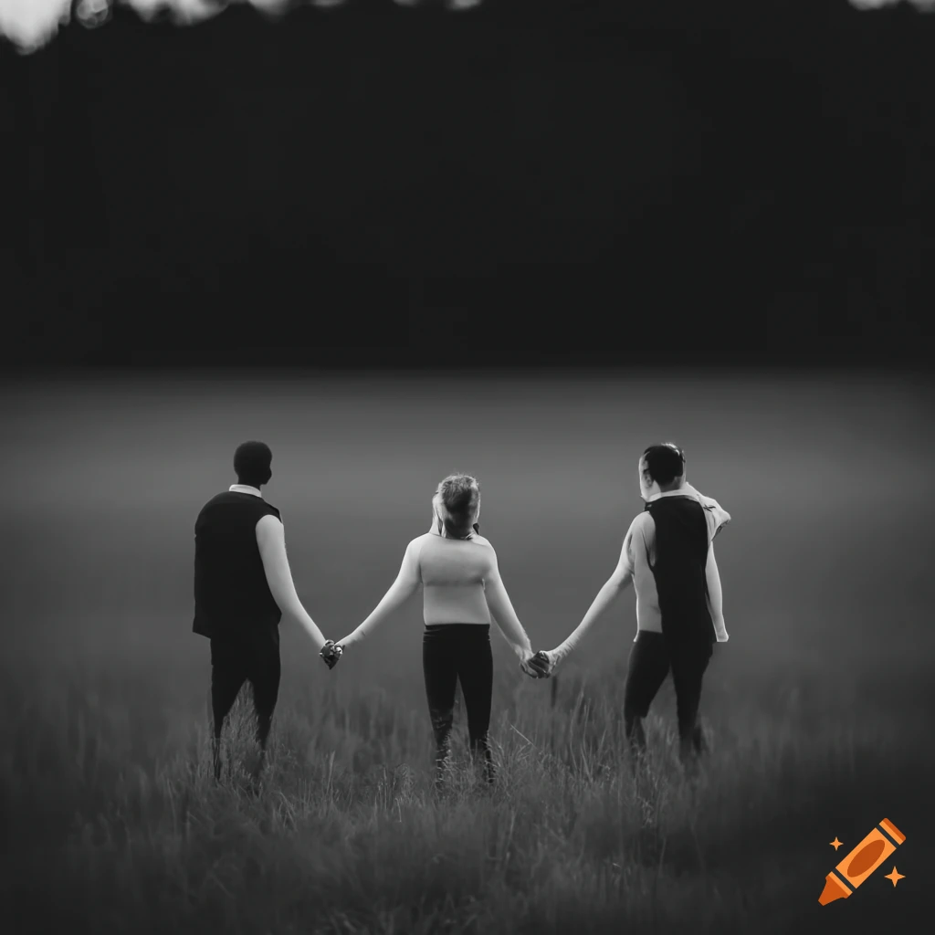 Black and white photograph of three people standing in nature on Craiyon
