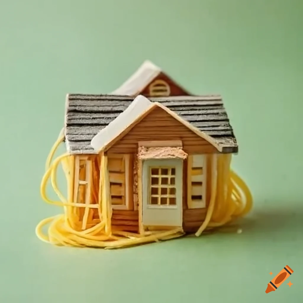 Tiny miniature house made with spaghetti in a diorama on Craiyon