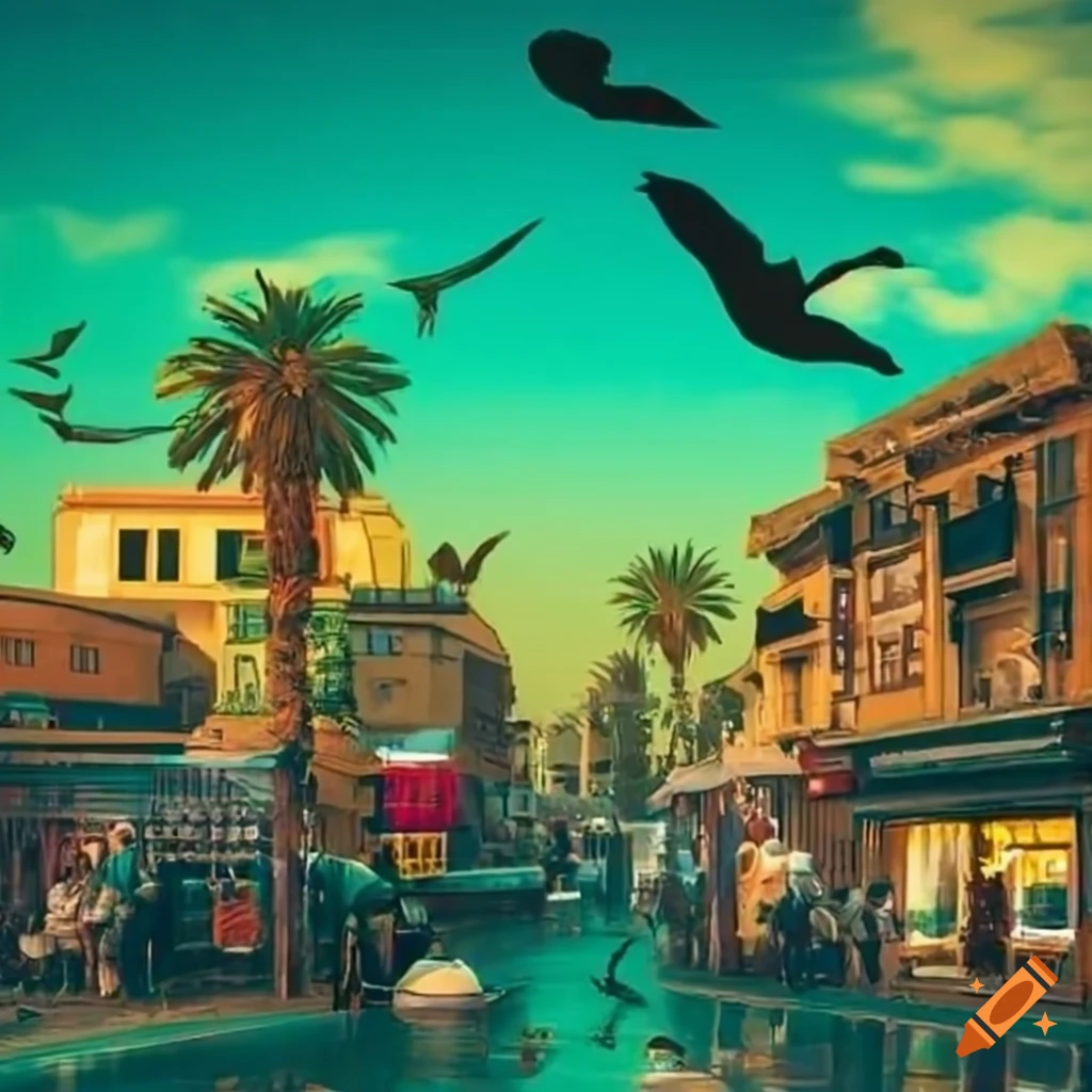 Busy solarpunk street with people at a coffee shop in a futuristic city ...