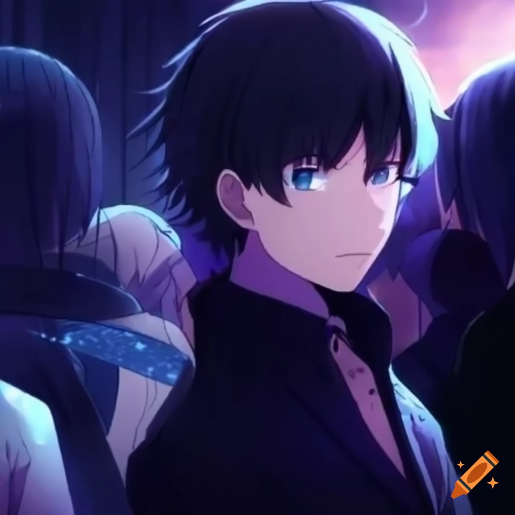 Serious anime guy surrounded by anime girls in a crowd on Craiyon