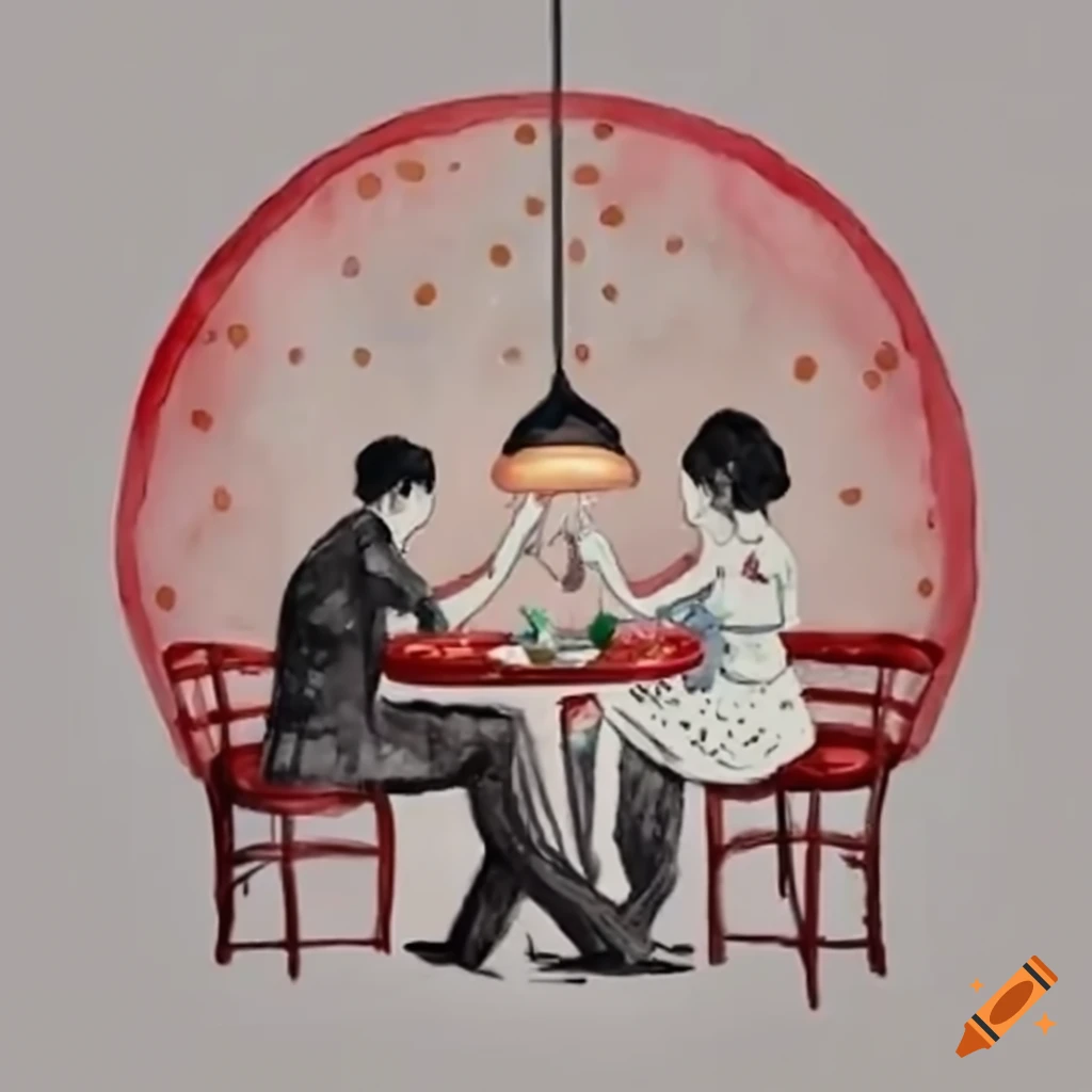 Romantic dinner for two around a small red table with a dim lamp on Craiyon