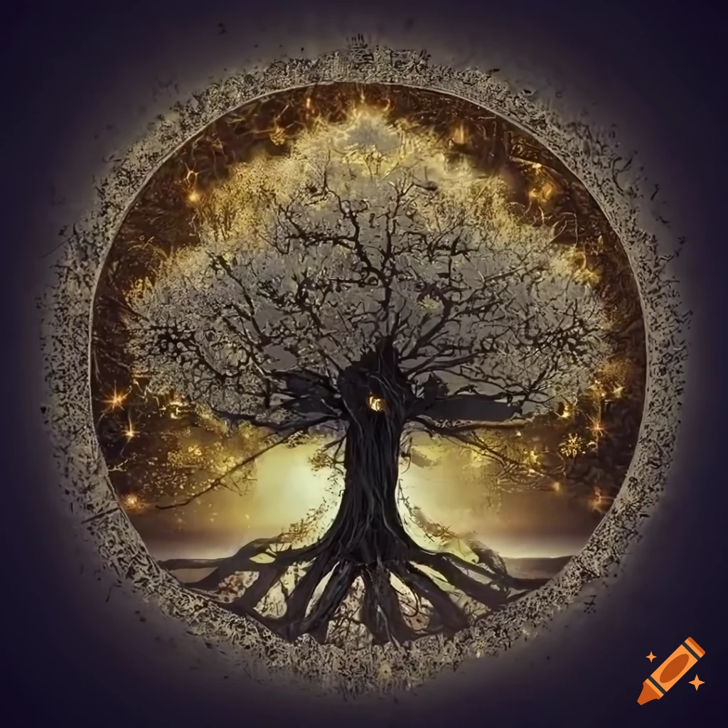 Celestial blossom oak tree with glowing silver and gold leaves in a ...