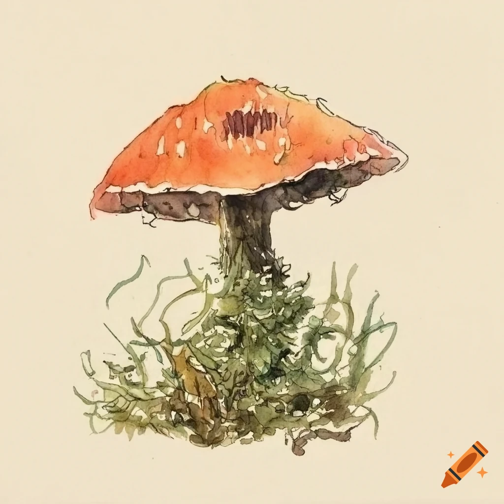 Moss and fungi in watercolor and ink sketch in carl larsson style on ...