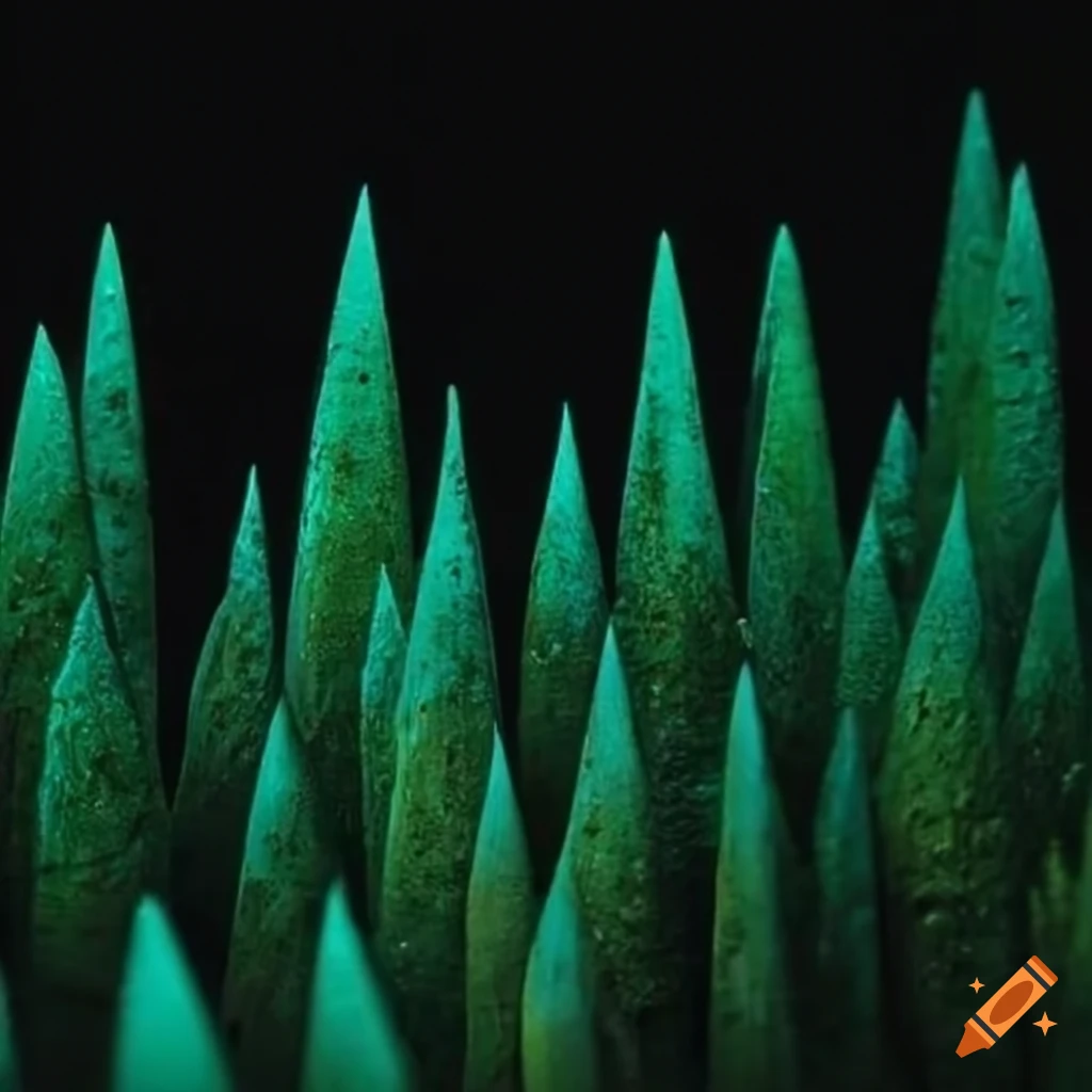 Dark field of giant green stone spikes on the ground on Craiyon