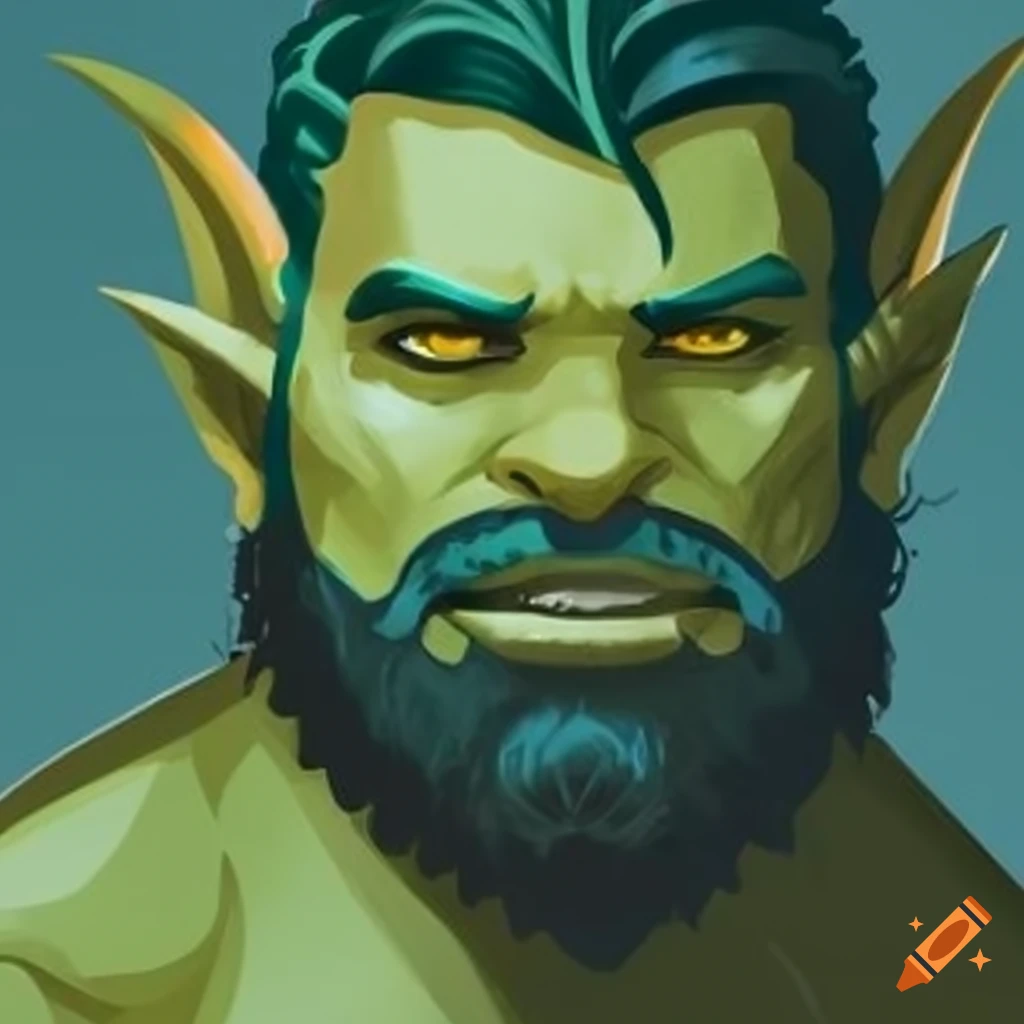 Portrait of a young muscular half-orc with a bearded human green face ...