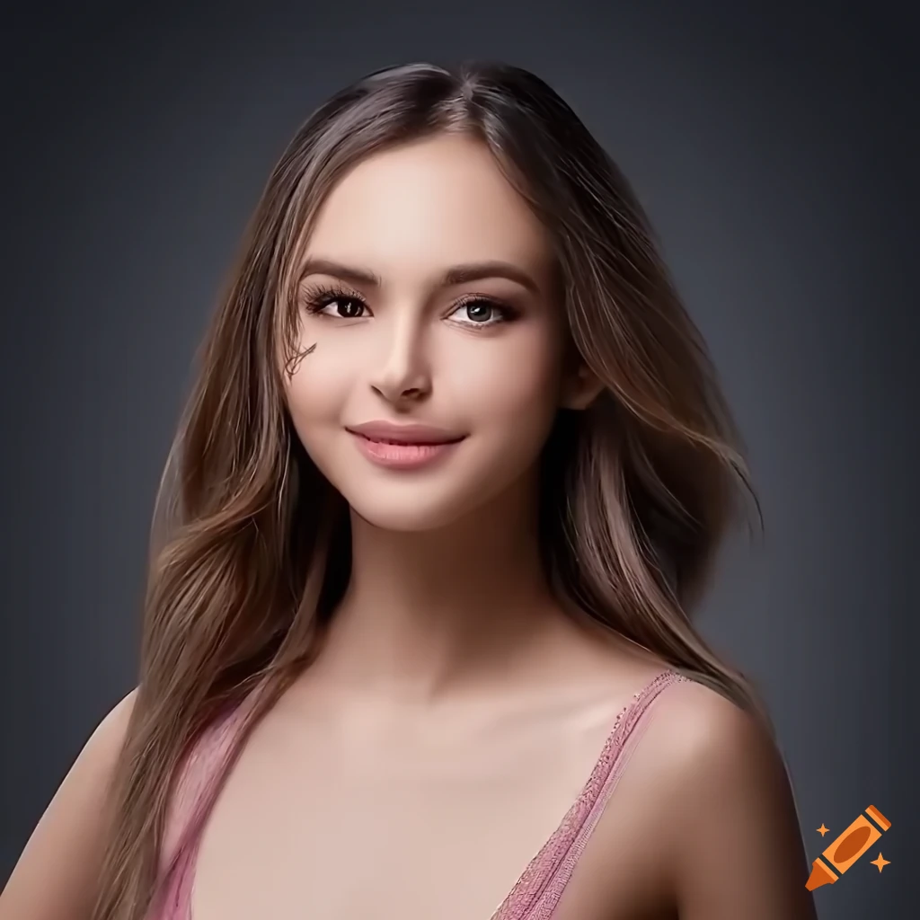 Studio photo of a young woman with easygoing smile and pretty eyes on ...